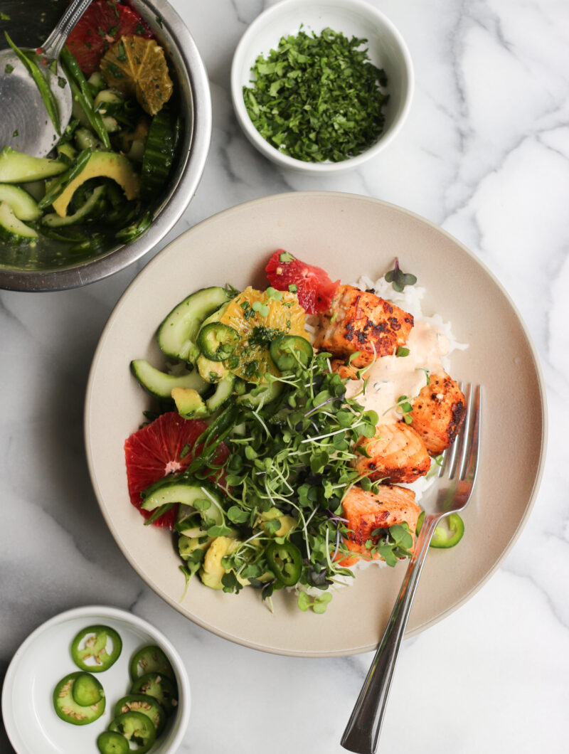 Citrus Butter Garlic Salmon Rice Bowl – Fig & Olive Platter